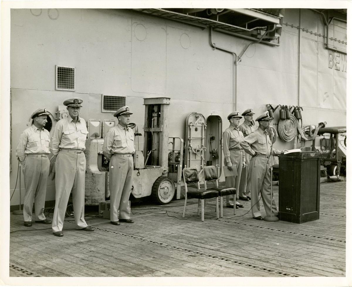 Captain McKechnie Addressing the Crew of the USS Yorktown (CVA-10 ...