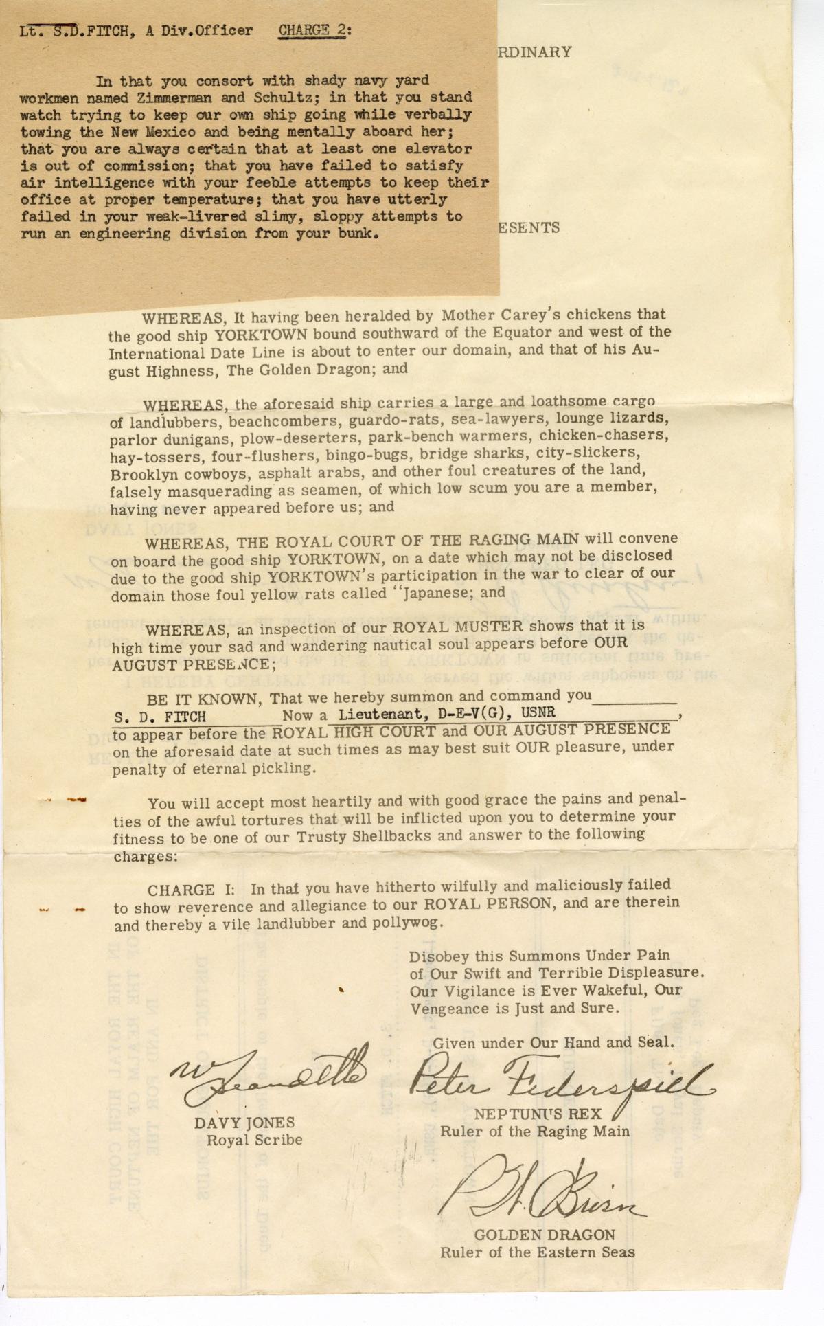 Comedic Summons of Lt. Fitch by Neptunus Rex and Davey Jones | Patriots ...