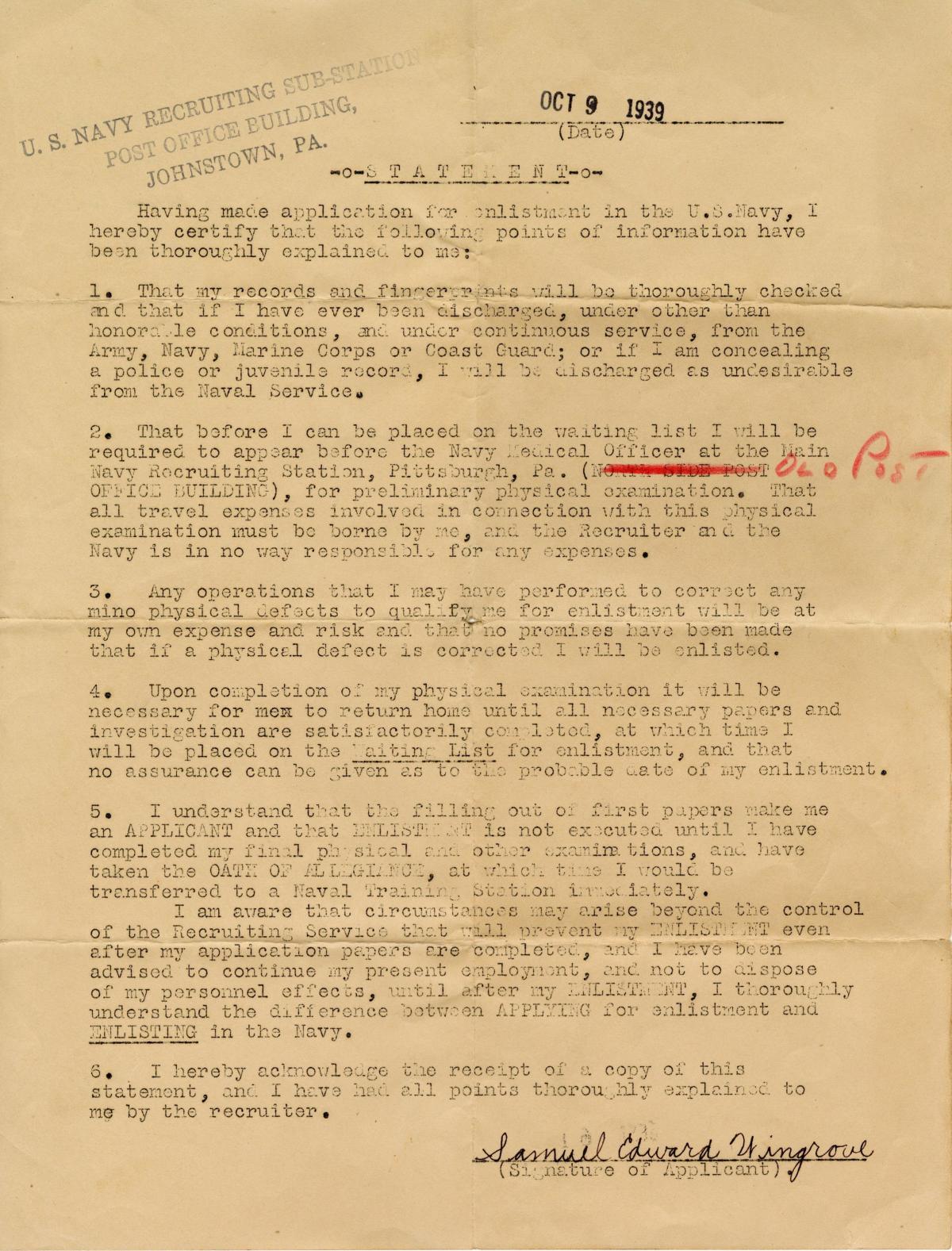 United States Navy Application Statement for Samuel Wingrove | Patriots ...