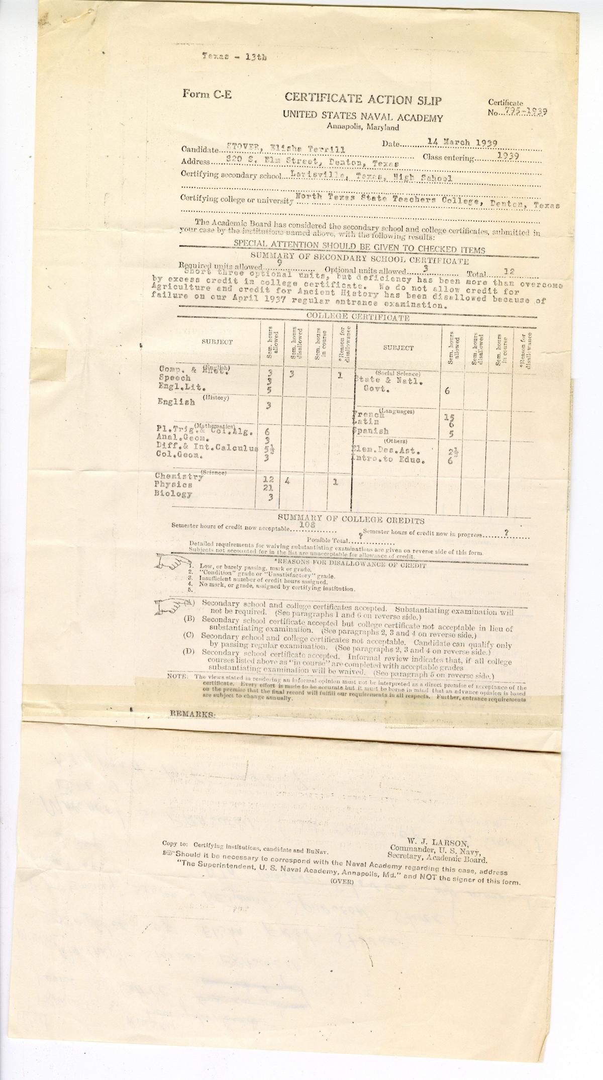 Elisha "Smokey" Stover's Certificate Action Slip | Patriots Point Naval ...