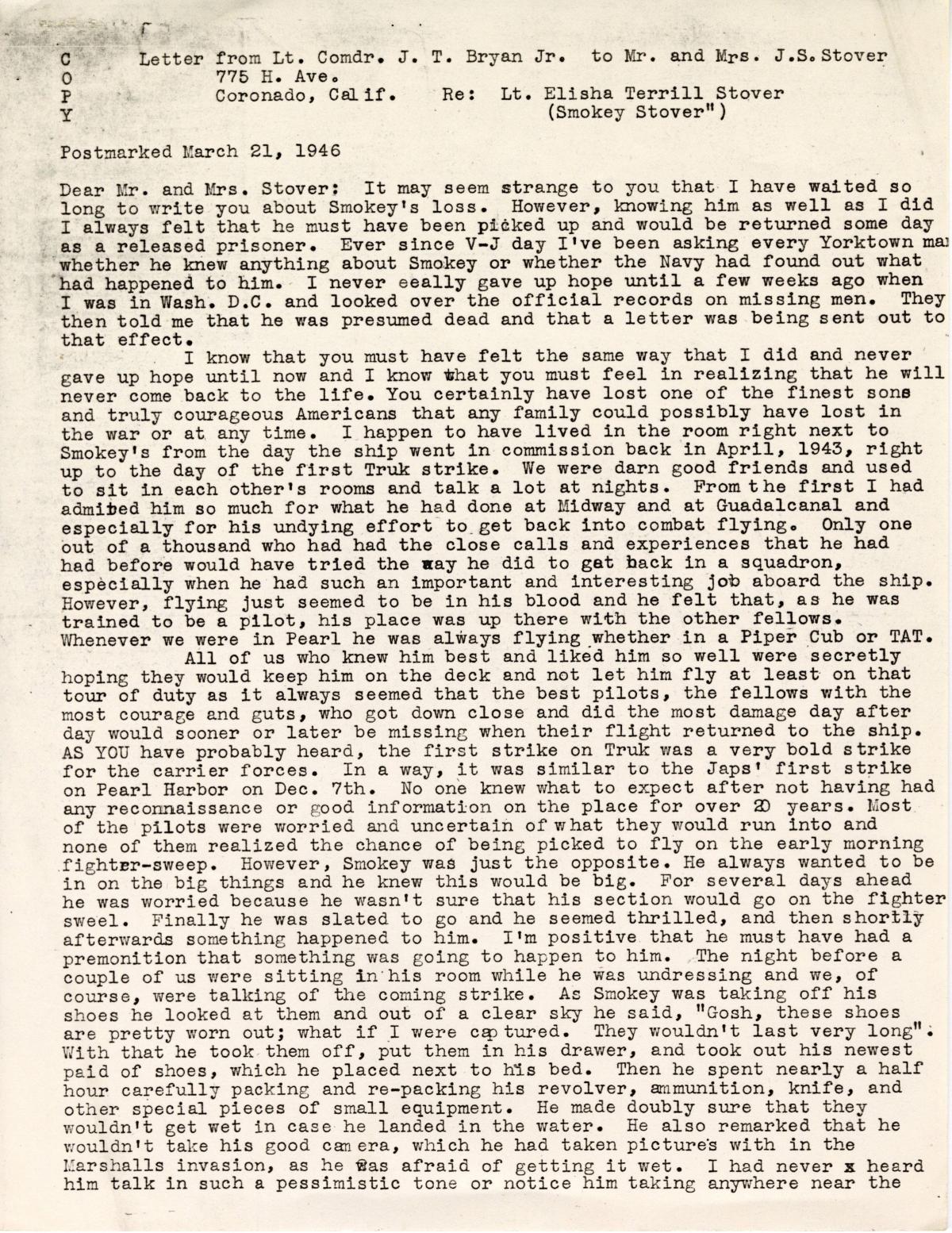 Letter From Jim Bryan Jr. to the Parents of Elisha "Smokey" Stover ...