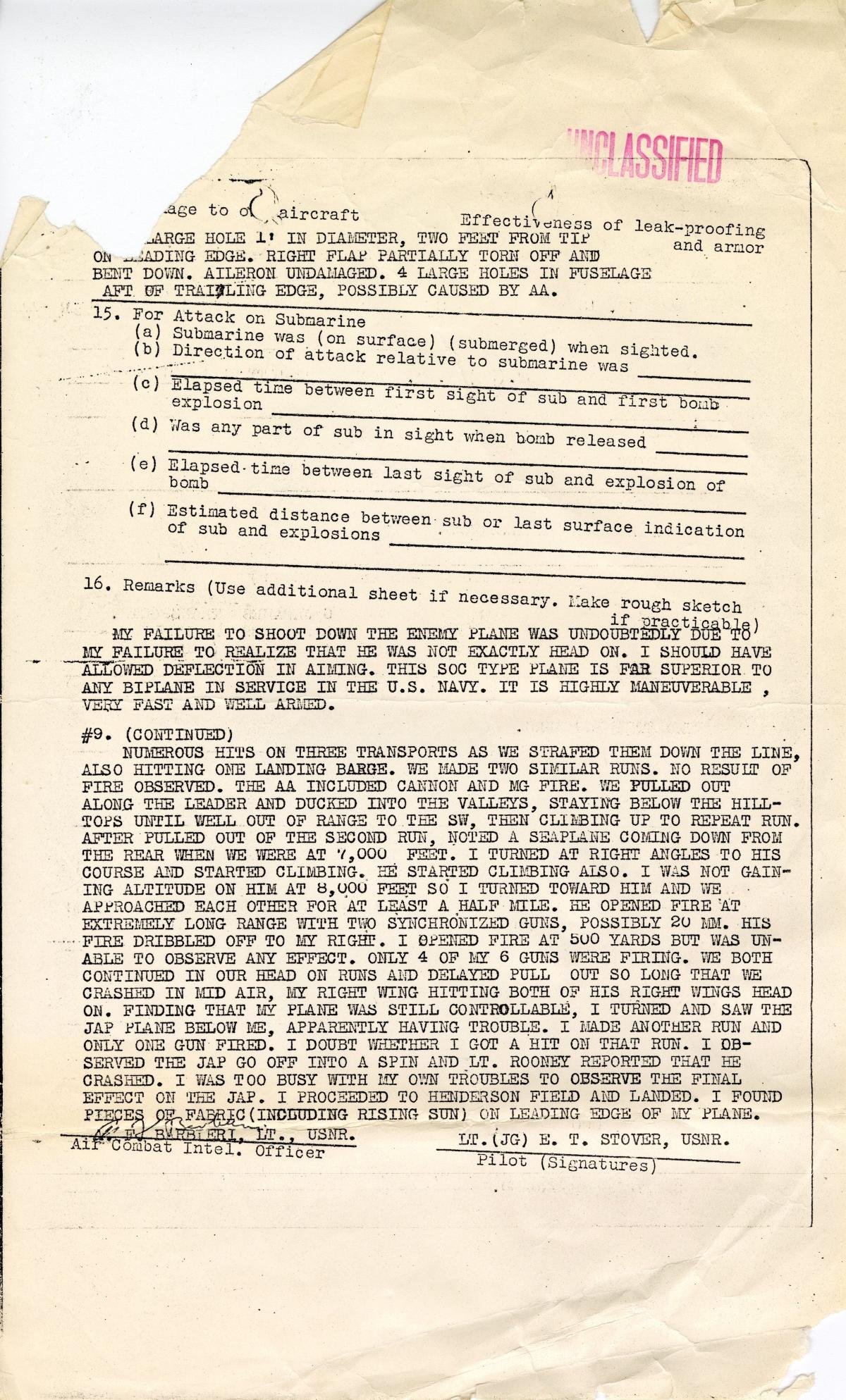 One Page of a Navy Action Report Written by Elisha "Smokey" Stover ...